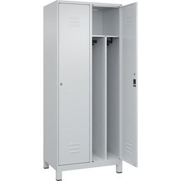 C+P Schwarz-Weiß-Spind Classic PLUS, schmal, 2 Abteile, Trennwand verkürzt, lichtgrau, B 800 mm, mit Füßen, Zylinderschloss, Trennwand mittig