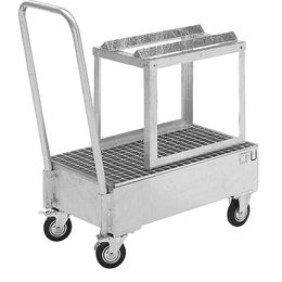 eurokraft basic Fahrbare Auffangwanne aus Stahlblech, LxB 800 x 500 mm, 1 x 60-l-Fass liegend, feuerverzinkt
