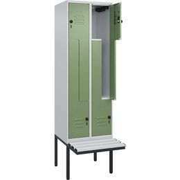 C+P Z-Spind Classic PLUS Sitzbank, 2 Abteile, lichtgrau / resedagrün, B 600 mm, Sicherheits-Drehriegel, auskragend, Kunststoff