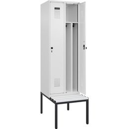 Schwarz-Weiß-Spind Evolo PLUS Sitzbank, schmal, 2 Abteile, Trennwand verkürzt, weiß, B 600 mm, Sicherheits-Drehriegel, mit untergebauter Sitzbank, Kunststoff kaiserkraft
