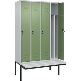 C+P Schwarz-Weiß-Spind Classic PLUS Sitzbank, schmal, 4 Abteile, Trennwand verkürzt, lichtgrau / resedagrün, B 1200 mm, Sicherheits-Drehriegel, auskragend, Kunststoff