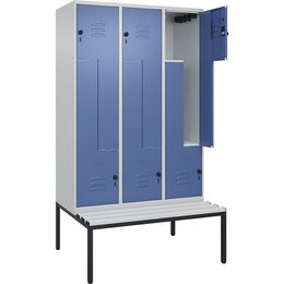 C+P Z-Spind Classic PLUS Sitzbank, 3 Abteile, lichtgrau / fernblau, B 1200 mm, Sicherheits-Drehriegel, untergebaut, Kunststoff