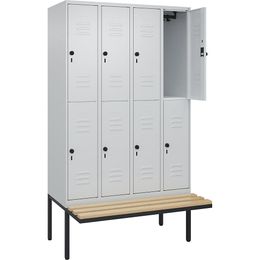 C+P Doppelstock-Spind Classic PLUS Sitzbank, 4 Abteile, lichtgrau, B 1200 mm, Sicherheits-Drehriegel, auskragend, Buche-Hartholz