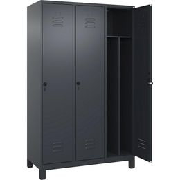 C+P Schwarz-Weiß-Spind Classic PLUS, schmal, 3 Abteile, Trennwand verkürzt, grau, B 1200 mm, mit Füßen, Drehriegel, Trennwand mittig