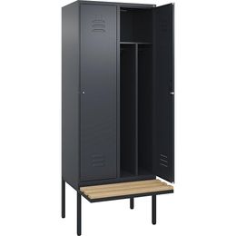 C+P Schwarz-Weiß-Spind Classic PLUS Sitzbank, schmal, 2 Abteile, Trennwand verkürzt, grau, B 800 mm, Zylinderschloss, auskragend, Buche-Hartholz