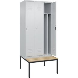 C+P Schwarz-Weiß-Spind Classic PLUS Sitzbank, schmal, 3 Abteile, Trennwand verkürzt, lichtgrau, B 900 mm, Zylinderschloss, untergebaut, Buche-Hartholz