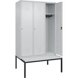 C+P Spind Classic PLUS Sitzbank, 3 Abteile, lichtgrau, B 1200 mm, Zylinderschloss, untergebaut, Kunststoff