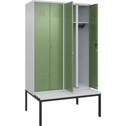 C+P Schwarz-Weiß-Spind Classic PLUS Sitzbank, 2 Abteile, lichtgrau / resedagrün, B 1200 mm, Zylinderschloss, untergebaut, Kunststoff