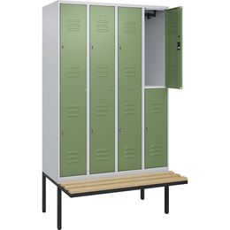 C+P Doppelstock-Spind Classic PLUS Sitzbank, 4 Abteile, lichtgrau / resedagrün, B 1200 mm, Zylinderschloss, auskragend, Buche-Hartholz