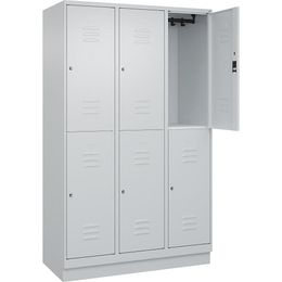 C+P Doppelstock-Spind Classic PLUS, 3 Abteile, lichtgrau, HxB 1950 x 1200 mm, mit Bodensockel, Zylinderschloss