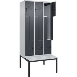 C+P Z-Spind Classic PLUS Sitzbank, 3 Abteile, lichtgrau / grau, B 900 mm, Sicherheits-Drehriegel, untergebaut, Kunststoff