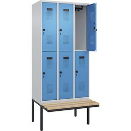 Doppelstock-Spind Evolo PLUS Sitzbank, 3 Abteile, lichtgrau / lichtblau, B 900 mm, Sicherheits-Drehriegel, mit auskragender Sitzbank, Buche kaiserkraft