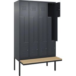 C+P Z-Spind Classic PLUS Sitzbank, 4 Abteile, grau, B 1200 mm, Zylinderschloss, auskragend, Buche-Hartholz