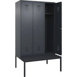 Spind Evolo PLUS Sitzbank, 3 Abteile, grau, B 1200 mm, Zylinderschloss, mit untergebauter Sitzbank, Kunststoff kaiserkraft