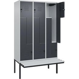 C+P Z-Spind Classic PLUS Sitzbank, 3 Abteile, lichtgrau / grau, B 1200 mm, Sicherheits-Drehriegel, auskragend, Kunststoff