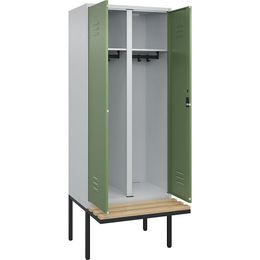C+P Schwarz-Weiß-Spind Classic PLUS Sitzbank, 1 Abteil, lichtgrau / resedagrün, B 800 mm, Zylinderschloss, auskragend, Buche-Hartholz