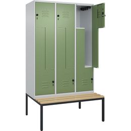 C+P Z-Spind Classic PLUS Sitzbank, 3 Abteile, lichtgrau / resedagrün, B 1200 mm, Sicherheits-Drehriegel, untergebaut, Buche-Hartholz