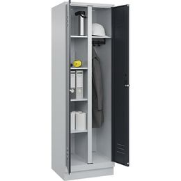 C+P Putzmittelspind Classic PLUS, 1 Abteil, Trennwand mittig, lichtgrau / grau, B 600 mm, mit Bodensockel, Drehriegel