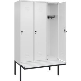 C+P Spind Classic PLUS Sitzbank, 3 Abteile, verkehrsweiß, B 1200 mm, Sicherheits-Drehriegel, auskragend, Kunststoff