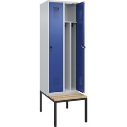 Schwarz-Weiß-Spind Evolo PLUS Sitzbank, schmal, 2 Abteile, Trennwand verkürzt, lichtgrau / enzianblau, B 600 mm, Sicherheits-Drehriegel, mit untergebauter Sitzbank, Buche kaiserkraft