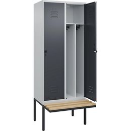C+P Schwarz-Weiß-Spind Classic PLUS Sitzbank, schmal, 2 Abteile, Trennwand verkürzt, lichtgrau / grau, B 800 mm, Sicherheits-Drehriegel, auskragend, Buche-Hartholz