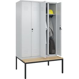 C+P Schwarz-Weiß-Spind Classic PLUS Sitzbank, 2 Abteile, lichtgrau, B 1200 mm, Sicherheits-Drehriegel, untergebaut, Buche-Hartholz