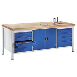 Rau Werkbank, Gestellbauweise, 8 Schubladen Größe L, 1 Werkzeugschrank, Tiefe 900 mm, Breite 2000 mm