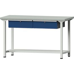 ANKE Werkbank, Gestellbauweise Serie V, 2 Schubladen, 1 Ablageboden, Breite 1500 mm, Stahlblechbelagplatte, Höhe 890 mm