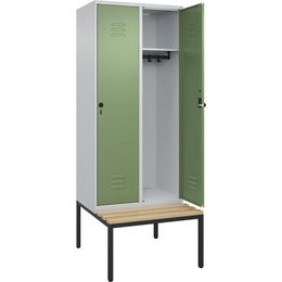 C+P Spind Classic PLUS Sitzbank, 2 Abteile, lichtgrau / resedagrün, B 800 mm, Sicherheits-Drehriegel, untergebaut, Buche-Hartholz