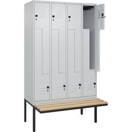 C+P Z-Spind Classic PLUS Sitzbank, 4 Abteile, lichtgrau, B 1200 mm, Sicherheits-Drehriegel, auskragend, Buche-Hartholz