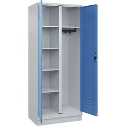 C+P Putzmittelspind Classic PLUS, 1 Abteil, Trennwand mittig, lichtgrau / lichtblau, B 800 mm, mit Bodensockel, Zylinderschloss