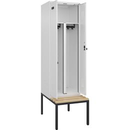Schwarz-Weiß-Spind Evolo PLUS Sitzbank, 2 Abteile, Trennwand verkürzt, weiß, B 600 mm, Sicherheits-Drehriegel, mit untergebauter Sitzbank, Buche kaiserkraft
