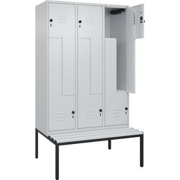 C+P Z-Spind Classic PLUS Sitzbank, 3 Abteile, lichtgrau, B 1200 mm, Sicherheits-Drehriegel, untergebaut, Kunststoff