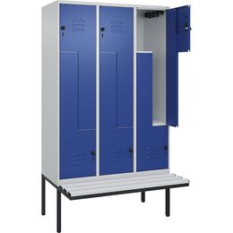 C+P Z-Spind Classic PLUS Sitzbank, 3 Abteile, lichtgrau / enzianblau, B 1200 mm, Sicherheits-Drehriegel, auskragend, Kunststoff