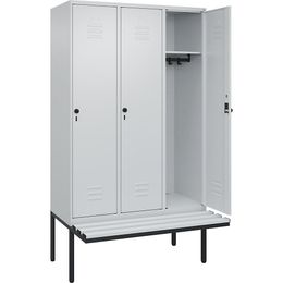 C+P Spind Classic PLUS Sitzbank, 3 Abteile, lichtgrau, B 1200 mm, Sicherheits-Drehriegel, auskragend, Kunststoff