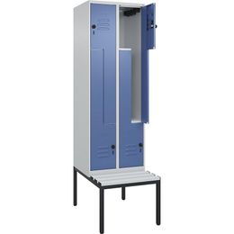 C+P Z-Spind Classic PLUS Sitzbank, 2 Abteile, lichtgrau / fernblau, B 600 mm, Sicherheits-Drehriegel, untergebaut, Kunststoff