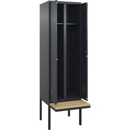 C+P Schwarz-Weiß-Spind Classic PLUS Sitzbank, 1 Abteil, grau, B 600 mm, Zylinderschloss, auskragend, Buche-Hartholz