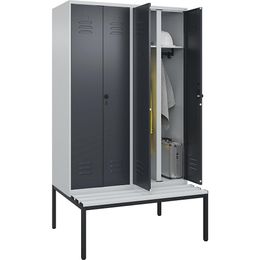 C+P Schwarz-Weiß-Spind Classic PLUS Sitzbank, 2 Abteile, lichtgrau / grau, B 1200 mm, Sicherheits-Drehriegel, untergebaut, Kunststoff