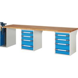 eurokraft pro Werkbank, Baukastensystem Serie 7000, 8 Schubladen, 1 Schraubstock linksseitig, BxT 3000 x 900 mm