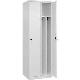 C+P Schwarz-Weiß-Spind Classic PLUS, schmal, 2 Abteile, Trennwand verkürzt, verkehrsweiß, B 600 mm, mit Bodengleitern, Drehriegel, Trennwand mittig