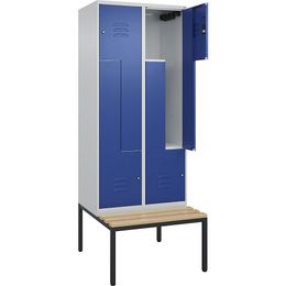 C+P Z-Spind Classic PLUS Sitzbank, 2 Abteile, lichtgrau / enzianblau, B 800 mm, Zylinderschloss, untergebaut, Buche-Hartholz