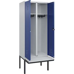 C+P Schwarz-Weiß-Spind Classic PLUS Sitzbank, 1 Abteil, lichtgrau / enzianblau, B 800 mm, Sicherheits-Drehriegel, auskragend, Kunststoff