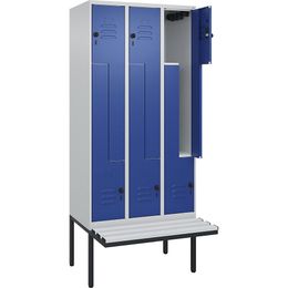 C+P Z-Spind Classic PLUS Sitzbank, 3 Abteile, lichtgrau / enzianblau, B 900 mm, Sicherheits-Drehriegel, auskragend, Kunststoff