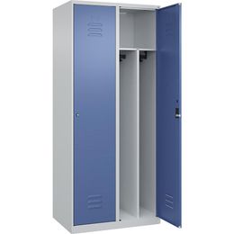 C+P Schwarz-Weiß-Spind Classic PLUS, schmal, 2 Abteile, Trennwand verkürzt, lichtgrau / fernblau, B 800 mm, mit Bodengleitern, Zylinderschloss, Trennwand mittig