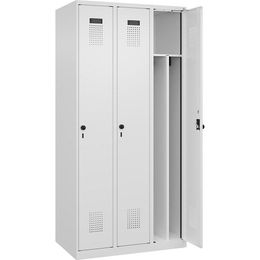 Schwarz-Weiß-Spind Evolo PLUS, schmal, 3 Abteile, Trennwand verkürzt, weiß, B 900 mm, mit Bodengleitern, Sicherheits-Drehriegel kaiserkraft