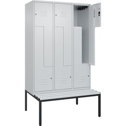 C+P Z-Spind Classic PLUS Sitzbank, 3 Abteile, lichtgrau, B 1200 mm, Zylinderschloss, untergebaut, Kunststoff