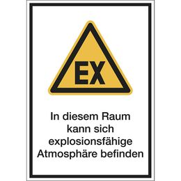 Kombischilder mit Text f&uuml;r Warnkennzeichen, In diesem Raum kann sich explosionsf&auml;hige Atmosph&auml;re befinden, VE 10 Stk, Kunststoff, LxH 210 x 297 mm kaiserkraft