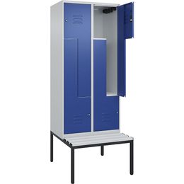 C+P Z-Spind Classic PLUS Sitzbank, 2 Abteile, lichtgrau / enzianblau, B 800 mm, Zylinderschloss, untergebaut, Kunststoff