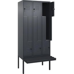 C+P Z-Spind Classic PLUS Sitzbank, 3 Abteile, grau, B 900 mm, Sicherheits-Drehriegel, auskragend, Kunststoff