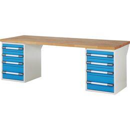 eurokraft pro Werkbank, Baukastensystem Serie 7000, 8 Schubladen, BxT 2500 x 900 mm